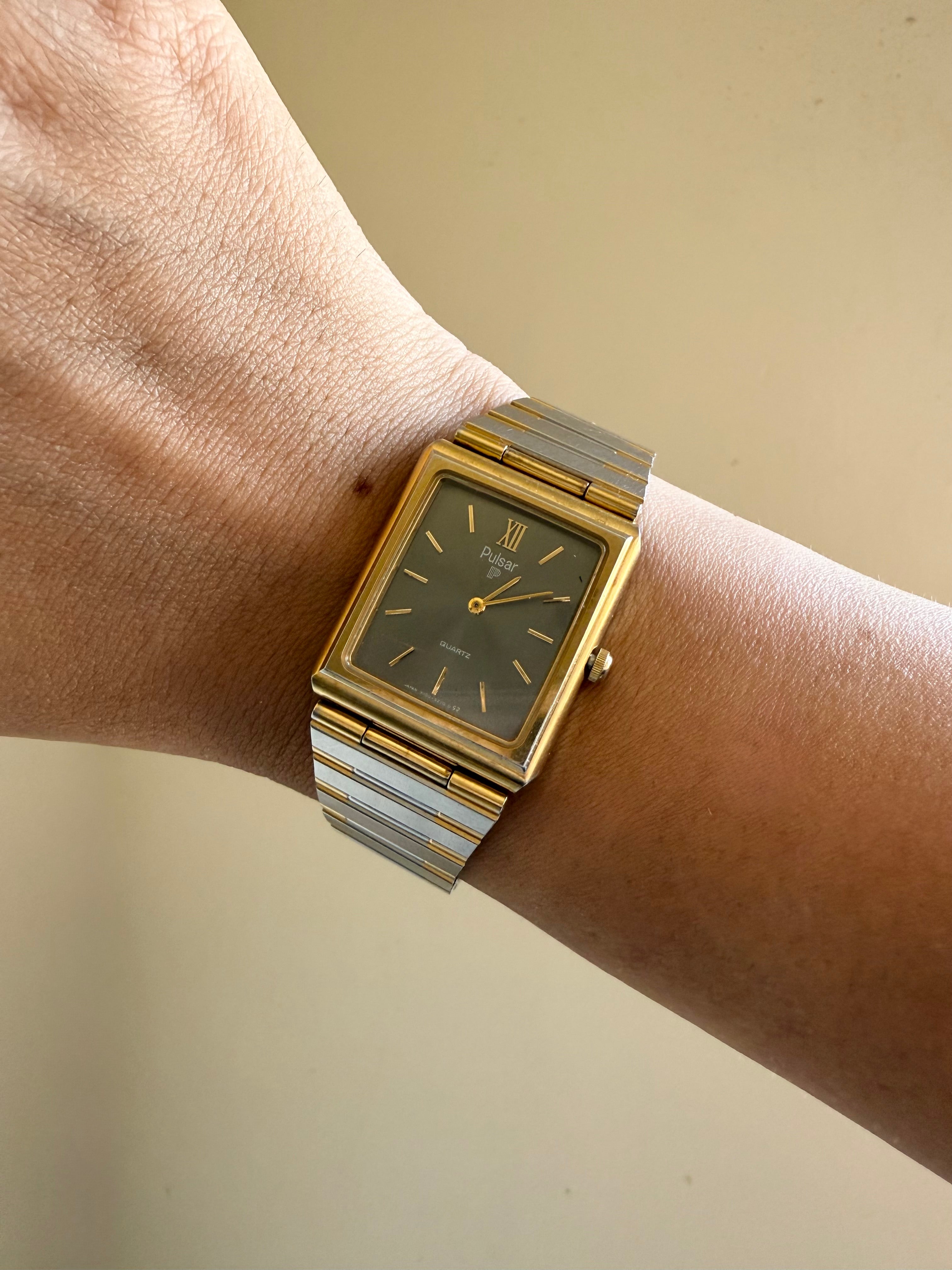 1983 Pulsar Two Tone Gun Metal Tone Dial Quartz Tank Watch – River ...